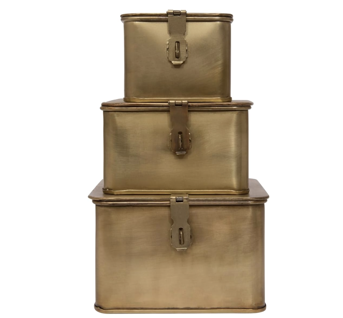 Square Decorative Metal Boxes with Gold Finish - Beige White Gray